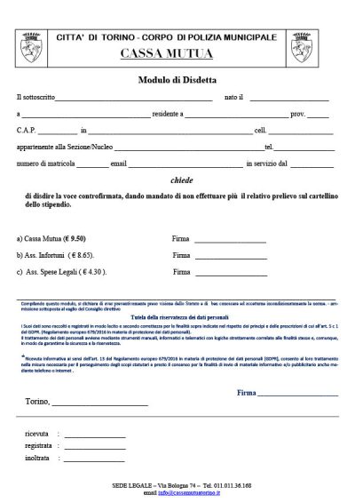 Modulo di disdetta alla Cassa mutua – Cassa Mutua